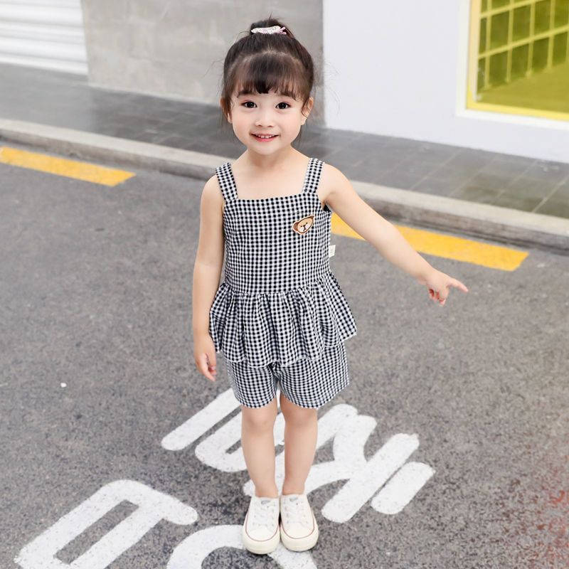 新款夏装童装女童短袖套装两件套短裤秋装2021洋气上市0--1-2-5岁 新款夏装格子小熊黑色套装 zj 73 码五个月视频介绍_新款夏装童装 ...