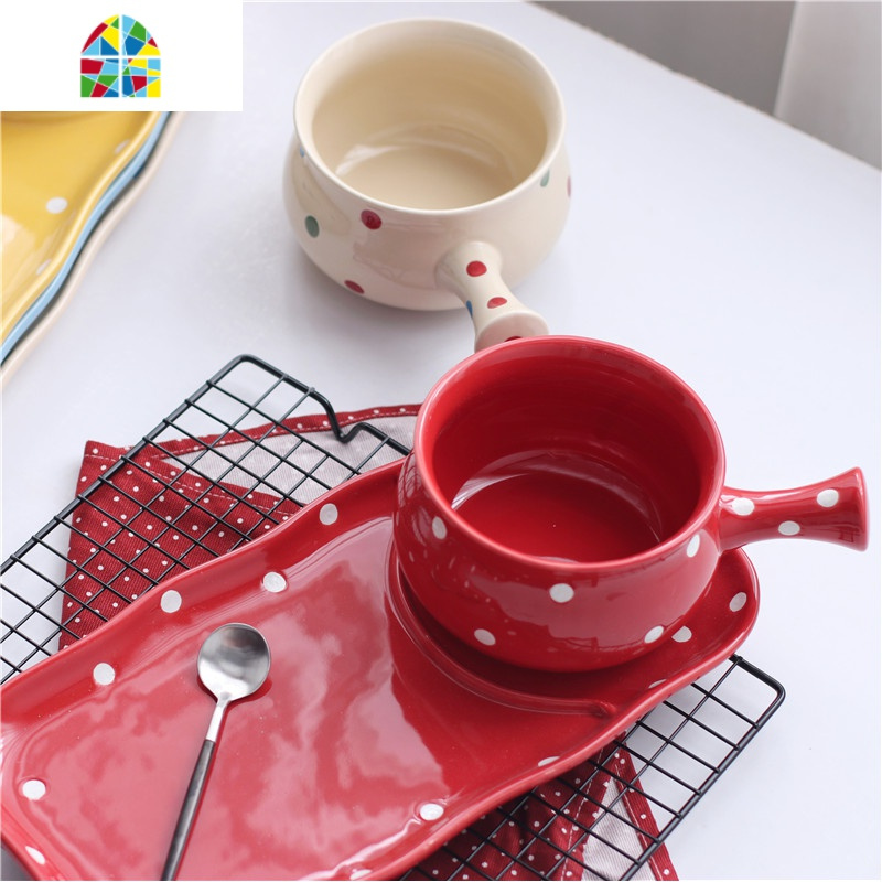 日式陶瓷泡面碗手柄碗创意波点早餐碗麦片碗汤碗沙拉碗餐具套装 FENGHOU [单柄锅+底盘]红色报价_参数_图片_视频_怎么样_问答-苏宁易购