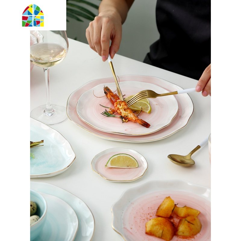 网红餐具ins釉下彩盘子菜盘家用吃饭碗碟北欧情侣自由组合套装2/4人 FENGHOU 9.5英寸浅盘[粉]报价_参数_图片_视频_怎么样_问答-苏宁易购