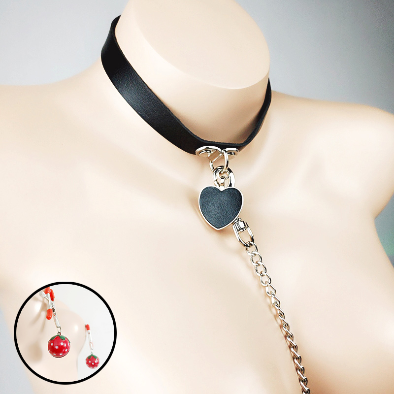 吉祥小炮项圈SM狗奴牵引绳情趣用具choker女m母狗性用品调教道具惩罚 黑桃心项圈+牵拉链条+小草莓乳夹视频介绍_吉祥小炮项圈SM狗奴牵引绳情趣用具choker女m母狗性用品调教道具惩罚 ...