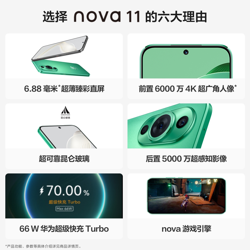 华为/HUAWEI nova 11 256GB 曜金黑 6.88毫米超薄臻彩直屏 前置6000万4K超广角人像 超可靠昆仑玻璃 移动联通电信全网通手机(含66W快充套装)报价_参数_图片_视频 ...