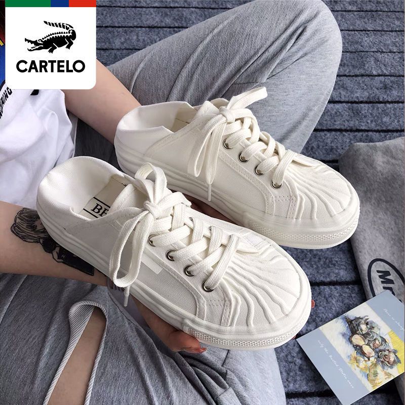CARTELO厚底溶解帆布鞋女夏季学生新款两穿半托懒人鞋一脚蹬板鞋 白色大头 004 35报价_参数_图片_视频_怎么样_问答-苏宁易购