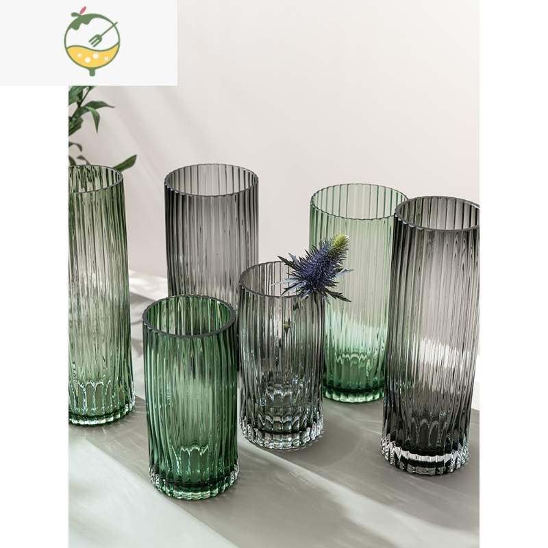 YICHENG北欧创意简约竖纹玻璃花瓶现代水培透明直筒花器轻奢客厅餐桌摆件 1030竖条直筒-绿色报价_参数_图片_视频_怎么样_问答-苏宁易购