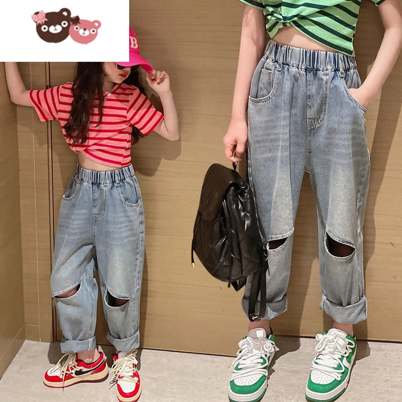绿彩虹光女童套装夏季中大童洋气网红t恤牛仔女儿童炸街新款阔腿裤两件套 裤子报价_参数_图片_视频_怎么样_问答-苏宁易购